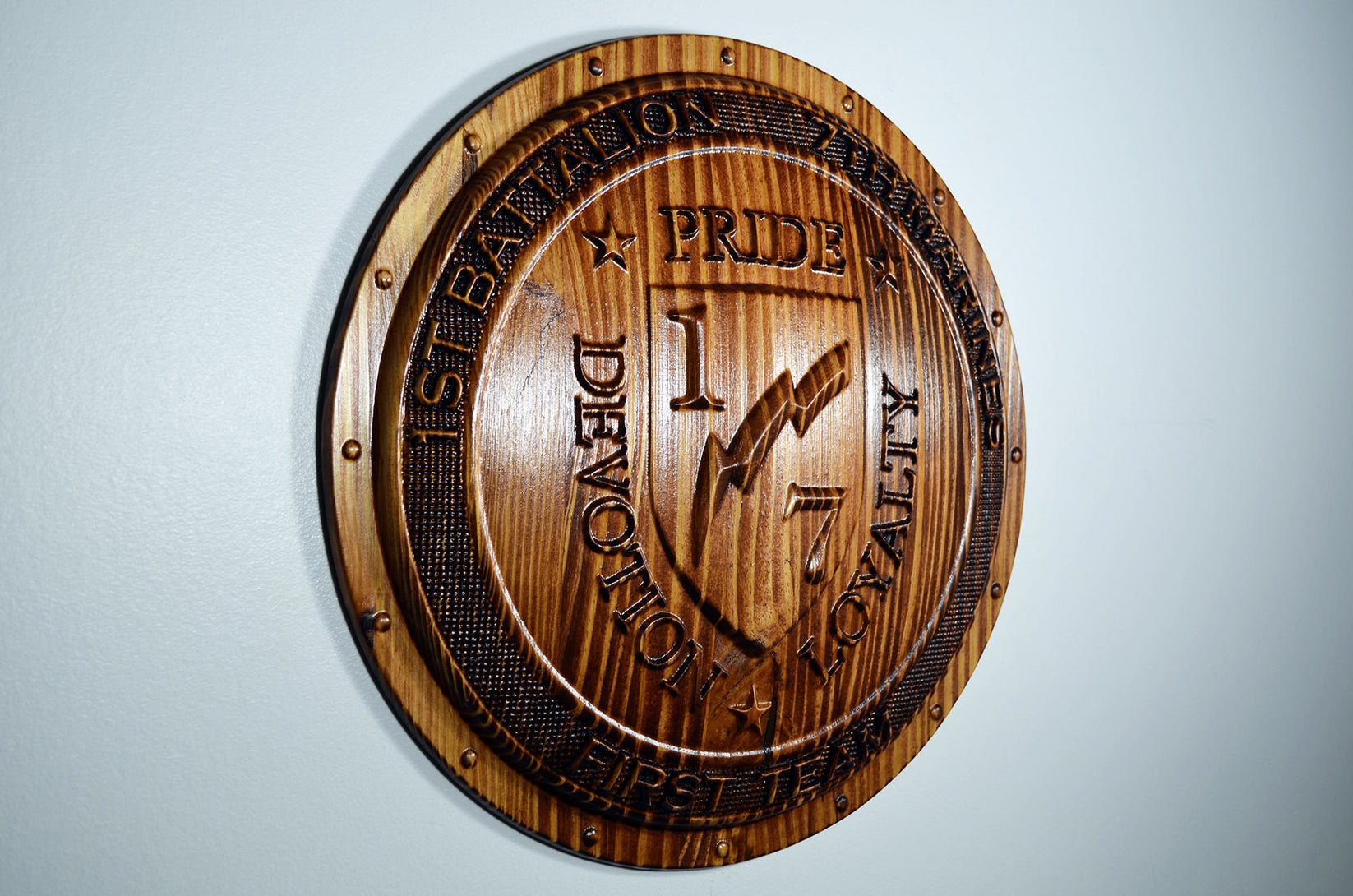 USMC 1st Battalion 7th Marines, 3d wood carving Shield, military plaqu ...